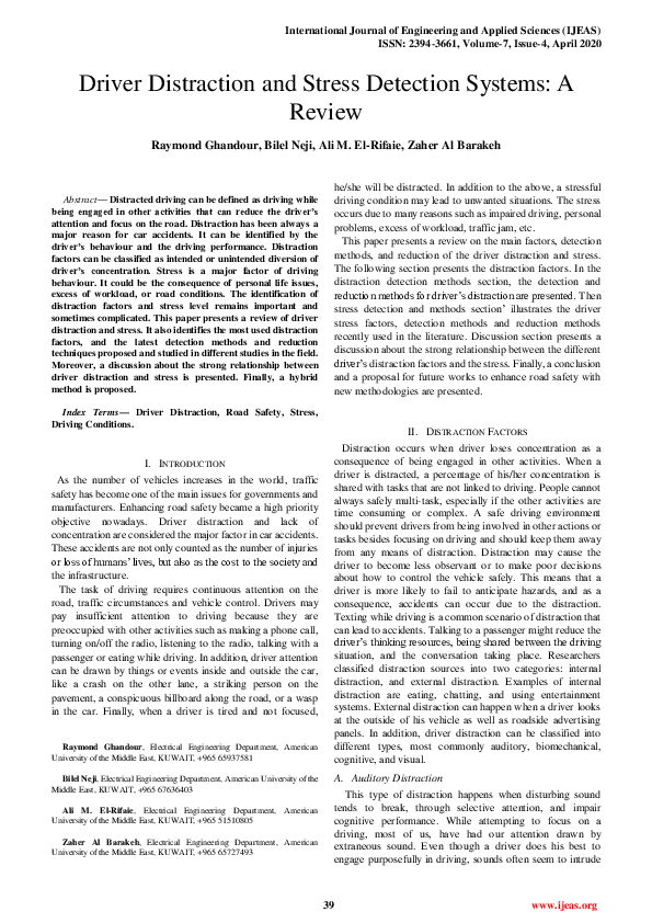 Pdf Driver Distraction And Stress Detection Systems A Review