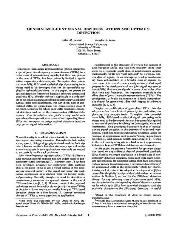 Pdf Generalized Joint Signal Representations And Optimum Detection Akbar Sayeed