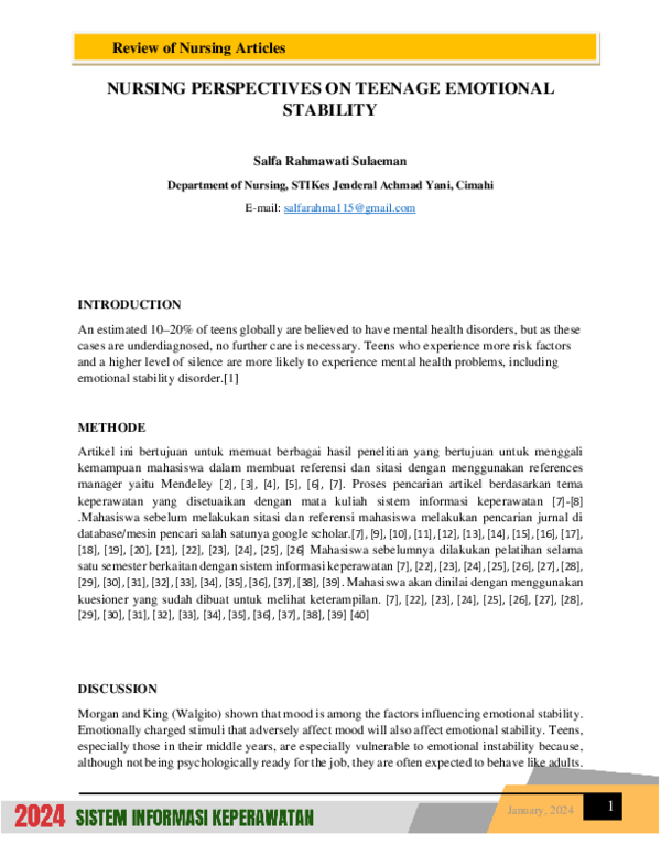 (PDF) NURSING PERSPECTIVES ON TEENAGE EMOTIONAL STABILITY