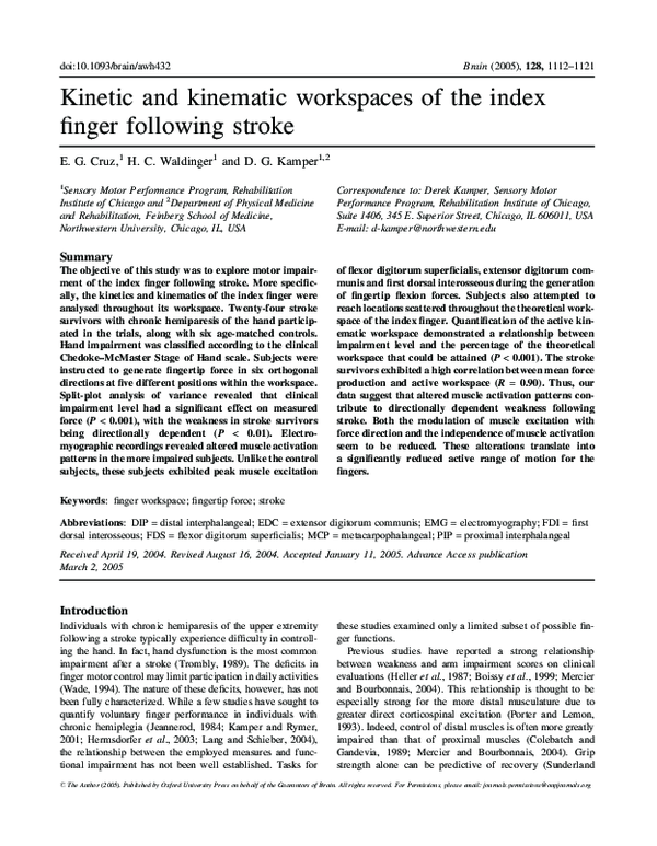 (PDF) Kinetic and kinematic workspaces of the index finger following stroke