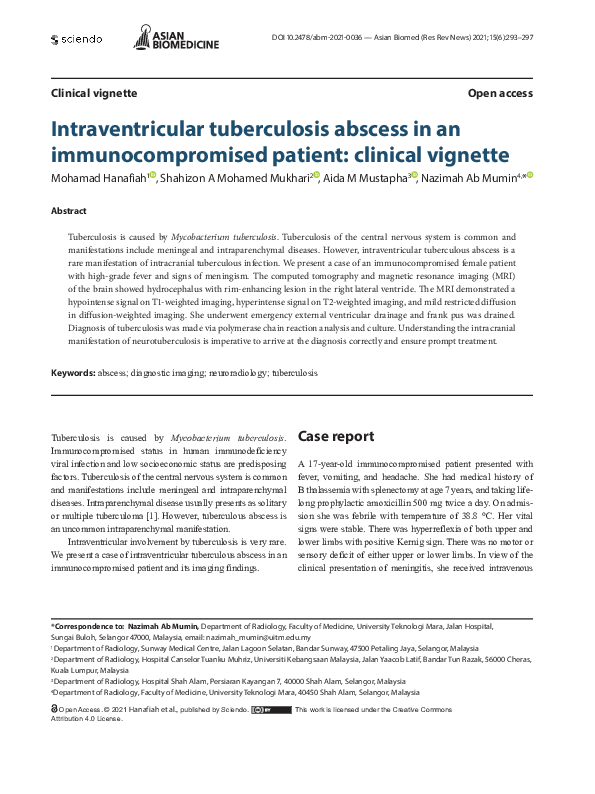 (PDF) Intraventricular tuberculosis abscess in an immunocompromised ...