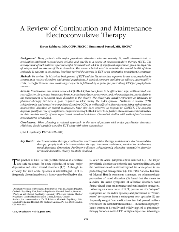 (PDF) A Review of Continuation and Maintenance Electroconvulsive Therapy