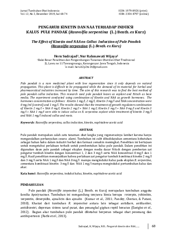 (PDF) PENGARUH KINETIN DAN NAA TERHADAP INDUKSI KALUS PULE PANDAK ...
