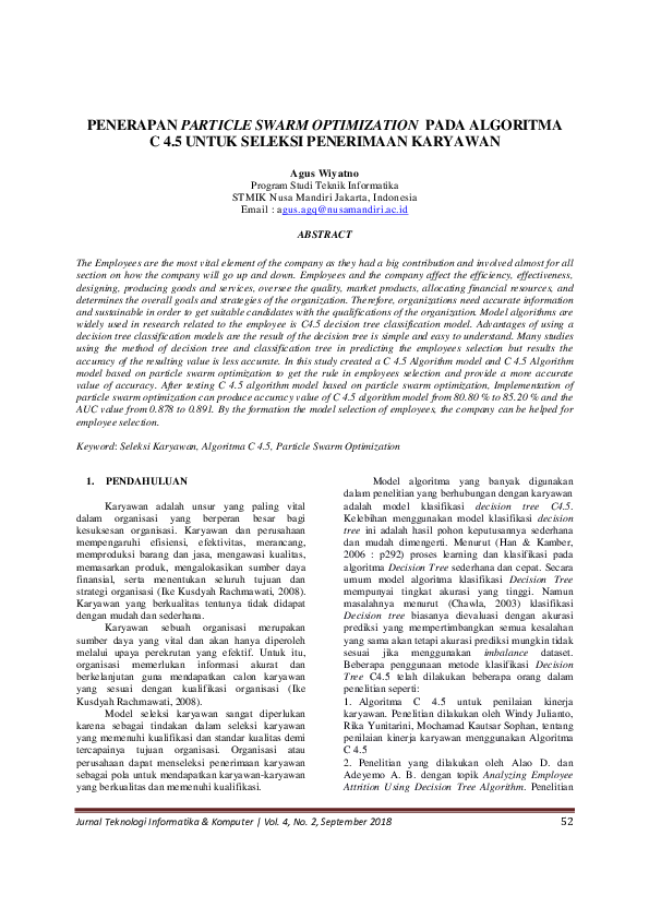 (PDF) Penerapan Particle Swarm Optimization Pada Algoritma C 4.5 Untuk Seleksi Penerimaan Karyawan