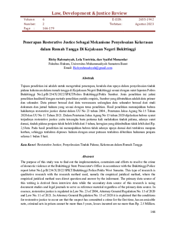 (PDF) Penerapan Restorative Justice Sebagai Mekanisme Penyelesaian Kekerasan dalam Rumah Tangga ...