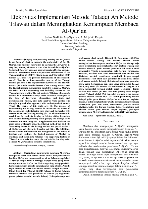 (PDF) Efektifitas Implementasi Metode Talaqqi dan Metode Tilawati dalam Meningkatkan Kemampuan ...