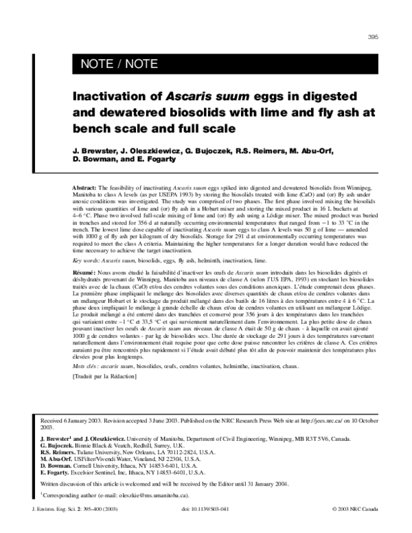 (PDF) Inactivation of Ascaris suum eggs in digested and dewatered ...
