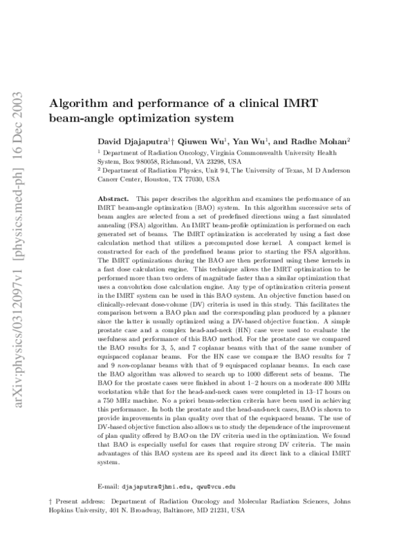 (PDF) Algorithm and performance of a clinical IMRT beam-angle optimization system