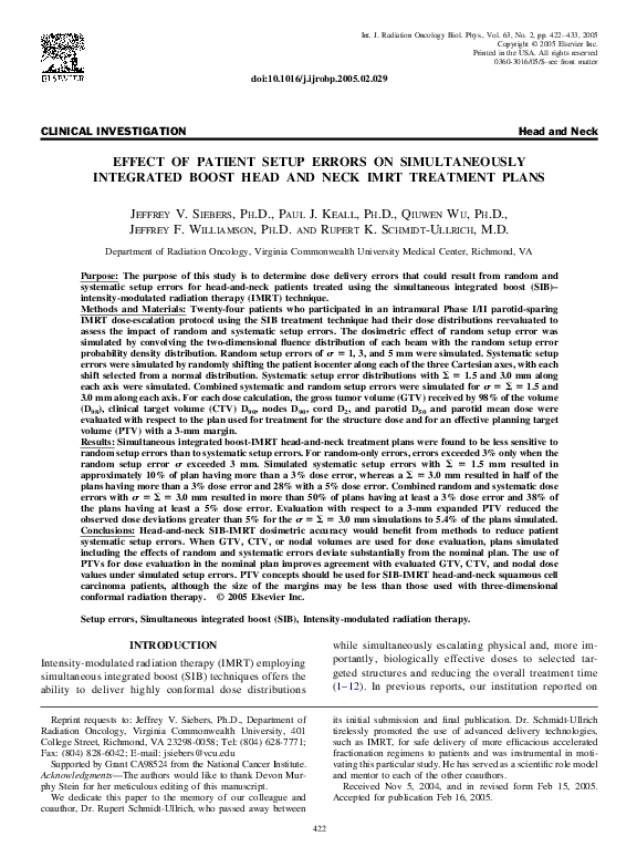 Pdf Effect Of Patient Setup Errors On Simultaneously Integrated Boost