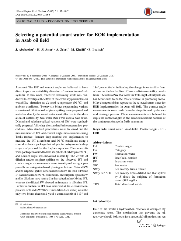 (PDF) Selecting a potential smart water for EOR implementation in Asab oil field