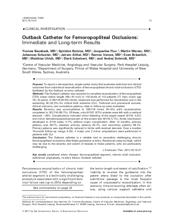 (PDF) Outback Catheter for Femoropopliteal Occlusions: Immediate and ...