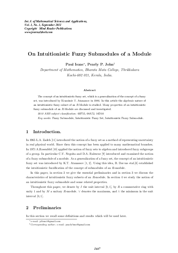 (PDF) On Intuitionistic Fuzzy Submodules of a Module