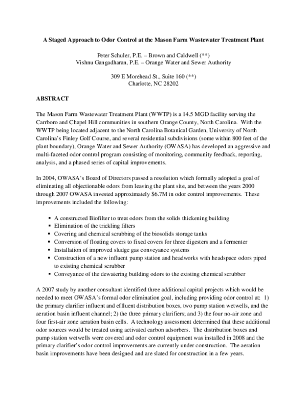 (PDF) A Staged Approach to Odor Control at the Mason Farm Wastewater ...