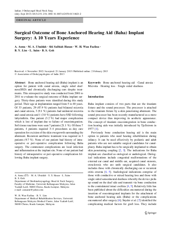 (PDF) Surgical Outcome of Bone Anchored Hearing Aid (Baha) Implant ...