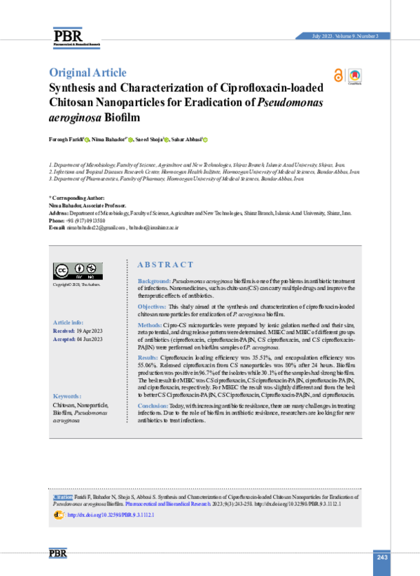 (PDF) Synthesis and Characterization of Ciprofloxacin-loaded Chitosan Nanoparticles for ...