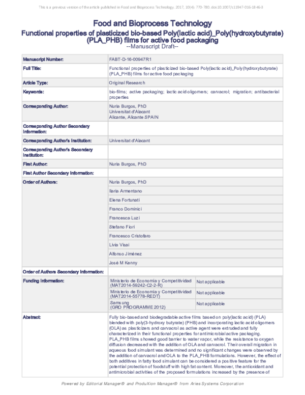 (PDF) Functional Properties of Plasticized Bio-Based Poly(Lactic Acid ...