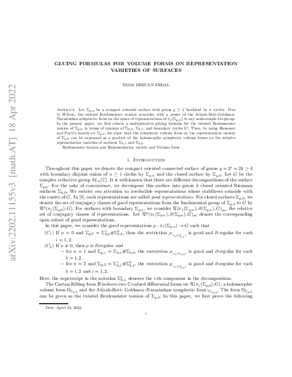 (PDF) Gluing Formulas for Volume Forms on Representation Varieties of ...