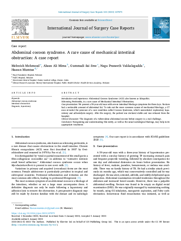(PDF) Abdominal cocoon syndrome. A rare cause of mechanical intestinal ...