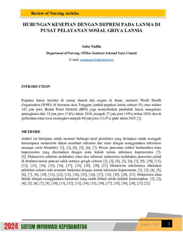 (DOC) HUBUNGAN KESEPIAN DENGAN DEPRESI PADA LANSIA DI PUSAT PELAYANAN SOSIAL GRIYA LANSIA