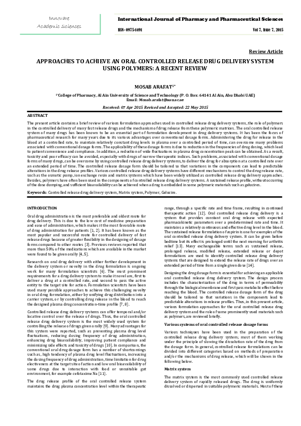 (PDF) APPROACHES TO ACHIEVE AN ORAL CONTROLLED RELEASE DRUG DELIVERY SYSTEM USING POLYMERS: A ...