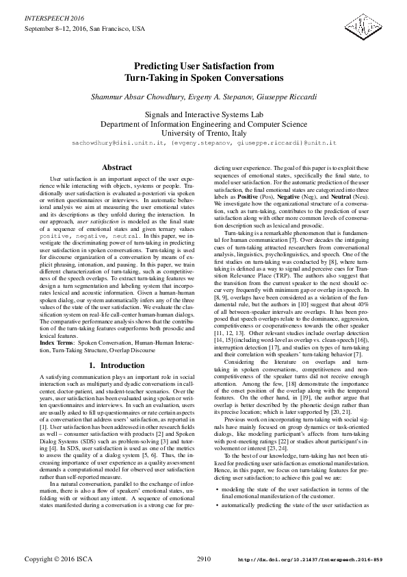 (PDF) Predicting User Satisfaction from Turn-Taking in Spoken Conversations | Giuseppe Riccardi ...