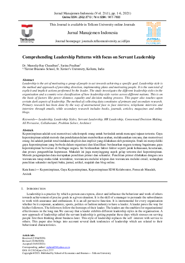 (PDF) Comprehending Leadership Patterns with focus on Servant Leadership