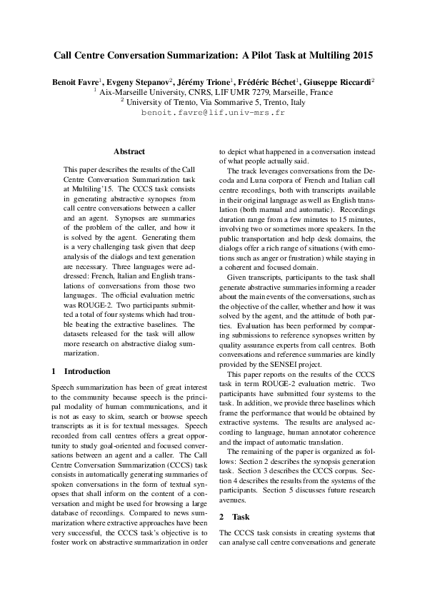 (PDF) Call Centre Conversation Summarization: A Pilot Task at Multiling 2015
