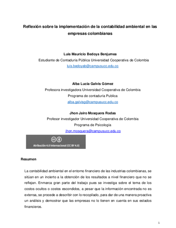 (PDF) Reflexión sobre la implementación de la contabilidad ambiental en las empresas colombianas