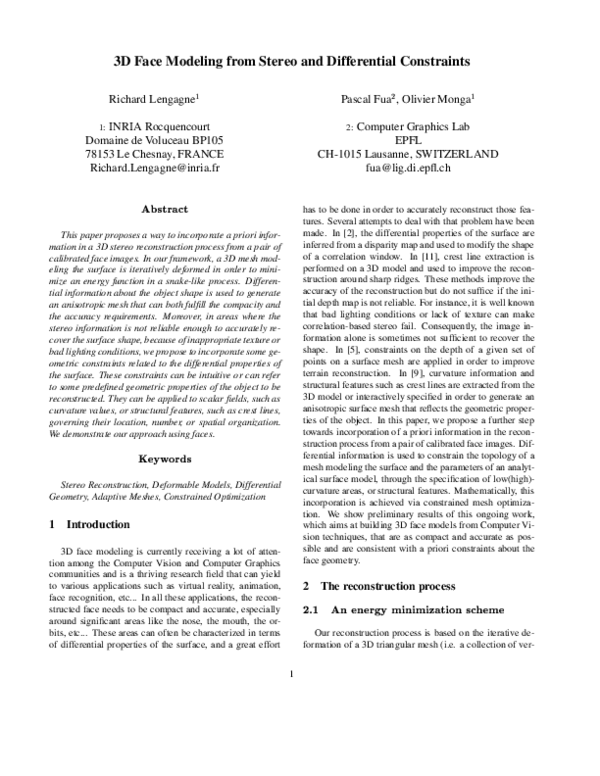 (PDF) 3-D Face Modeling from Stereo and Differential Constraints Paradigm