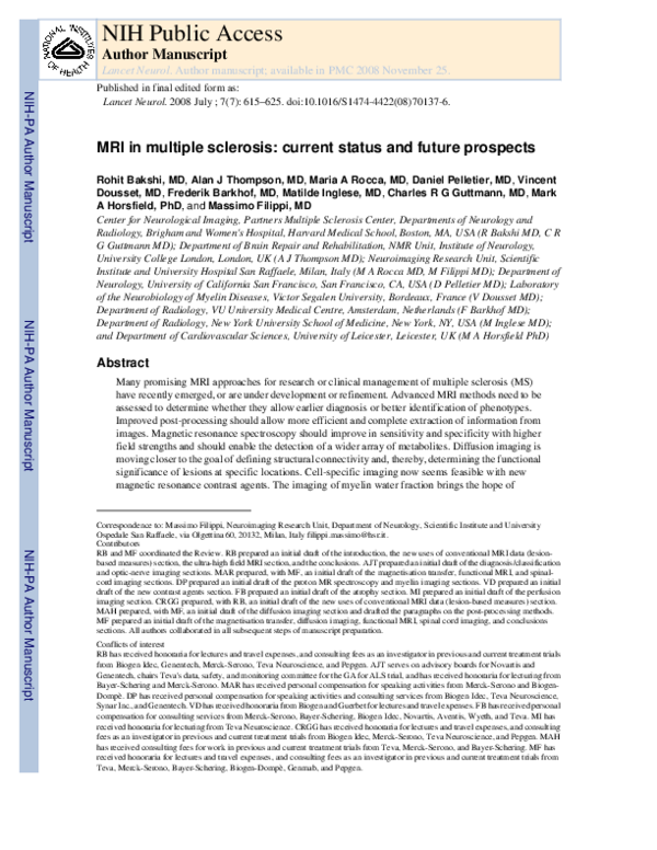 (PDF) MRI in multiple sclerosis: current status and future prospects