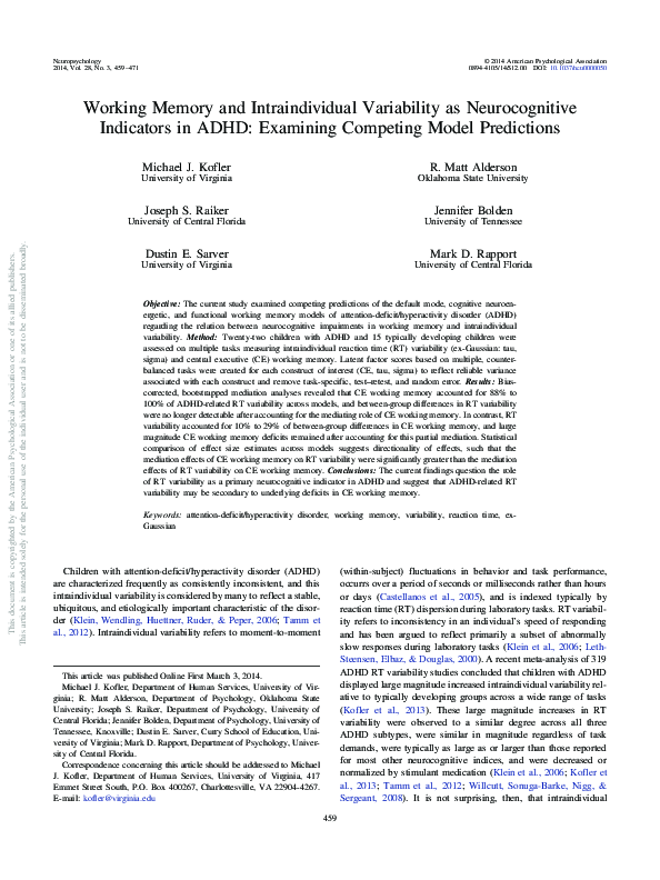 (PDF) Working memory and intraindividual variability as neurocognitive indicators in ADHD ...