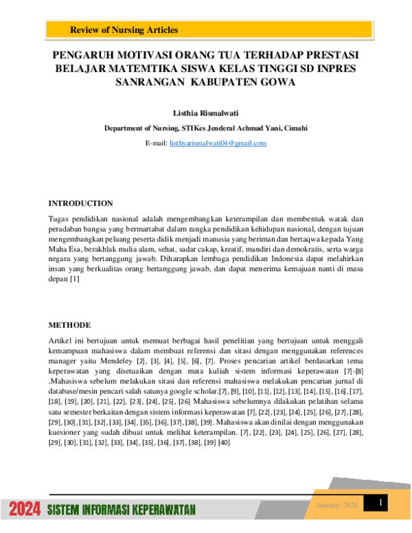 (PDF) Review of Nursing ArticlesPENGARUH MOTIVASI ORANG TUA TERHADAP PRESTASI BELAJAR MATEMTIKA ...