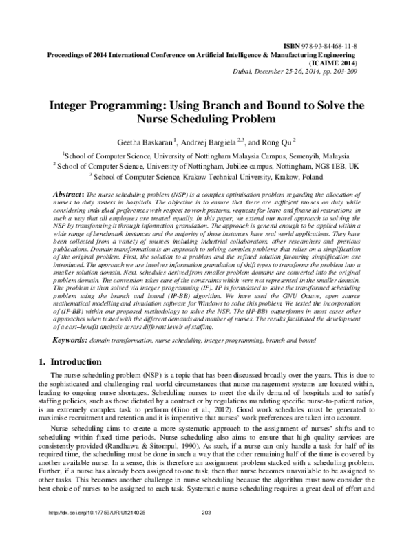Pdf Integer Programming Using Branch And Bound To Solve The Nurse Scheduling Problem 2351