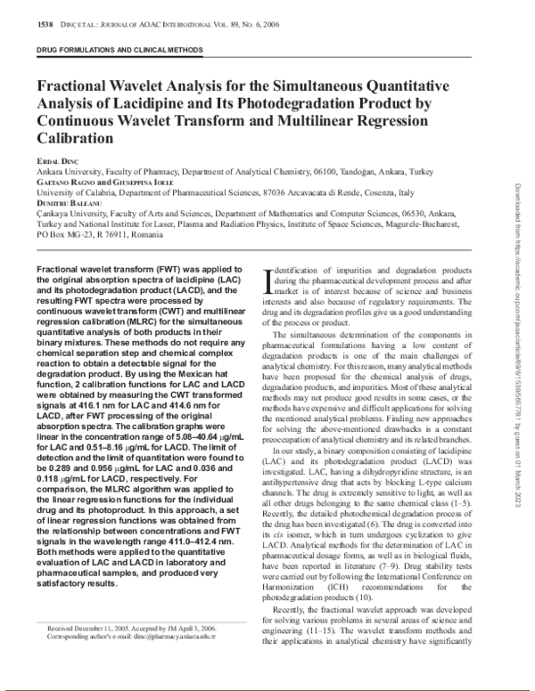 (PDF) Fractional Wavelet Analysis for the Simultaneous Quantitative Analysis of Lacidipine and ...