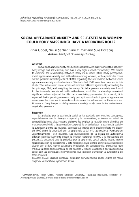 (PDF) Social appearance anxiety and self-esteem in women: could body ...