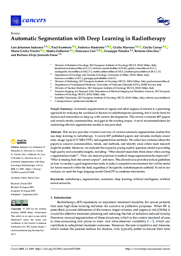 (PDF) Automatic Segmentation with Deep Learning in Radiotherapy
