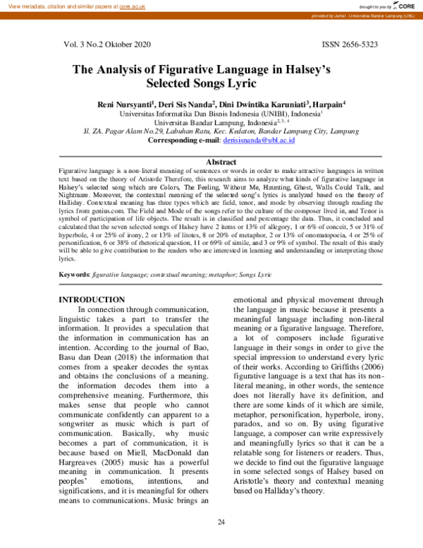 (PDF) The Analysis of Figurative Language in Halsey’s Selected Songs Lyric