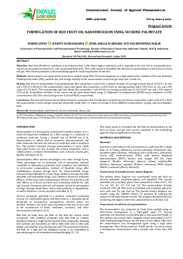(PDF) Formulation of Red Fruit Oil Nanoemulsion Using Sucrose Palmitate