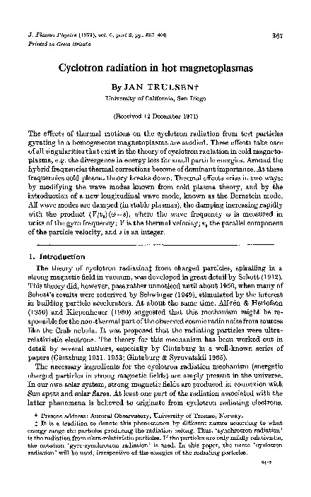(PDF) Thermal Effects on Cyclotron Radiation in Hot Magnetoplasmas