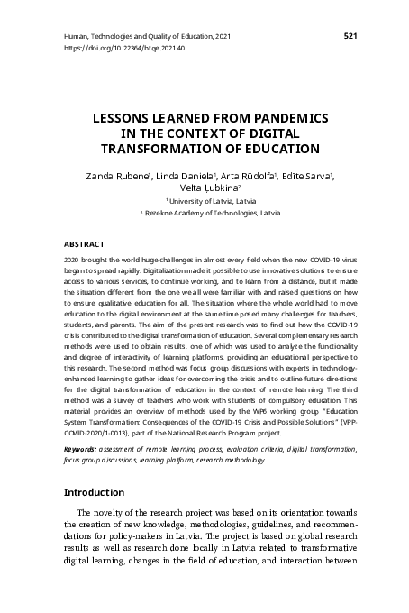 (PDF) Lessons Learned from Pandemics in the Context of Digital Transformation of Education