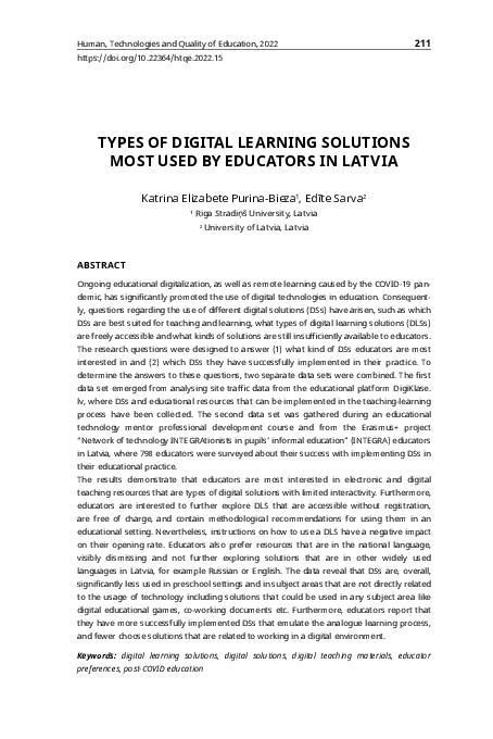 (PDF) Types of Digital Learning Solutions Most Used by Educators in Latvia