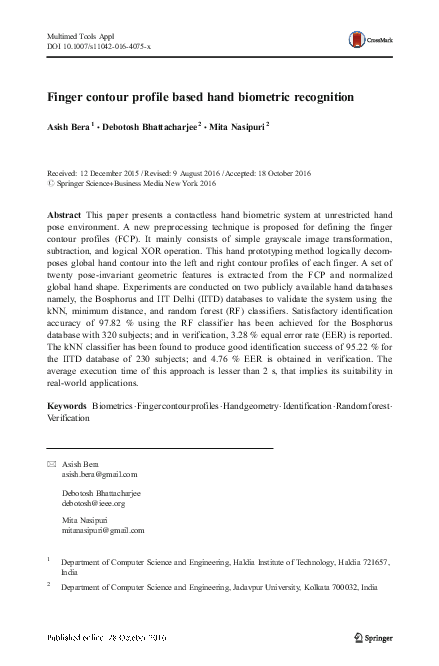 (PDF) Finger contour profile based hand biometric recognition