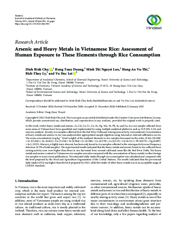 (PDF) Arsenic and Heavy Metals in Vietnamese Rice: Assessment of Human ...