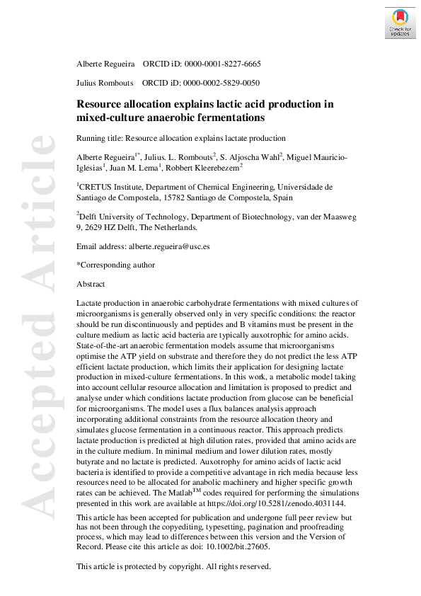 Pdf Resource Allocation Explains Lactic Acid Production In Mixed Culture Anaerobic