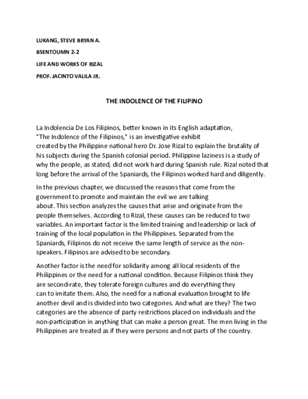 (DOC) "THE INDOLENCE OF THE FILIPINO"