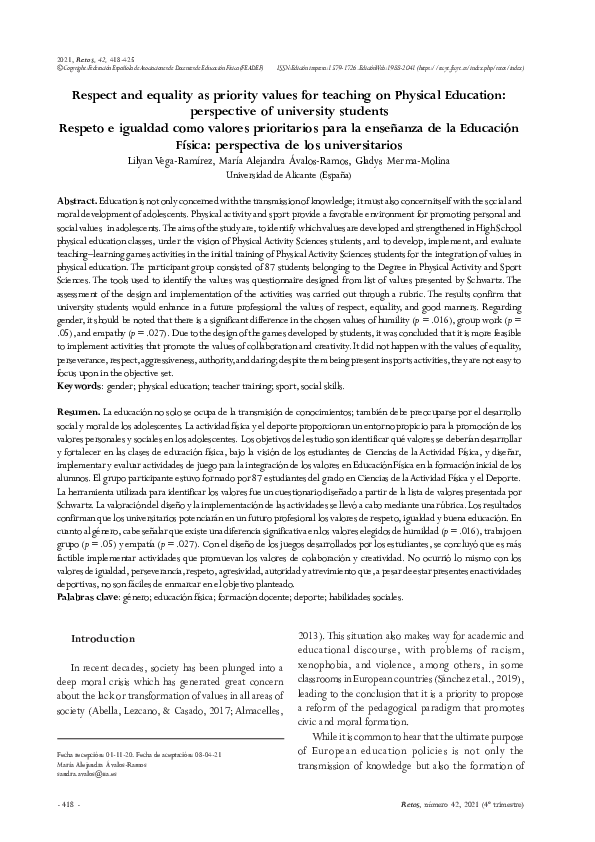 (PDF) Respect and equality as priority values for teaching on Physical ...