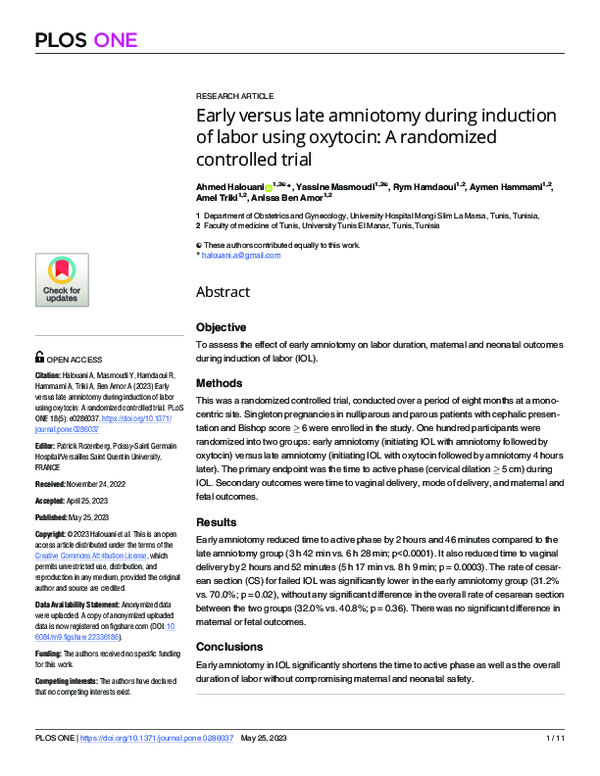 (PDF) Early versus late amniotomy during induction of labor using ...