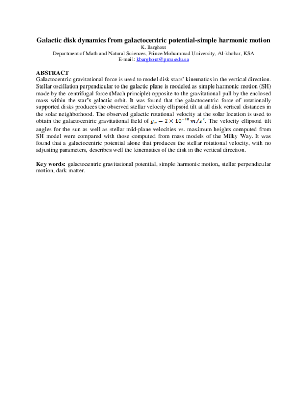 (PDF) Galactic Disk Dynamics from Galactocentric Potential-Simple Harmonic Motion