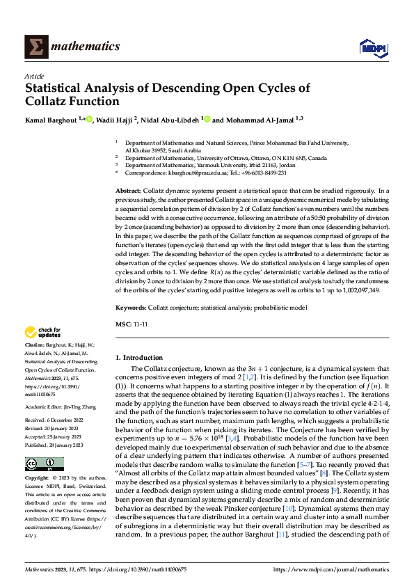 (PDF) Statistical Analysis of Descending Open Cycles of Collatz Function
