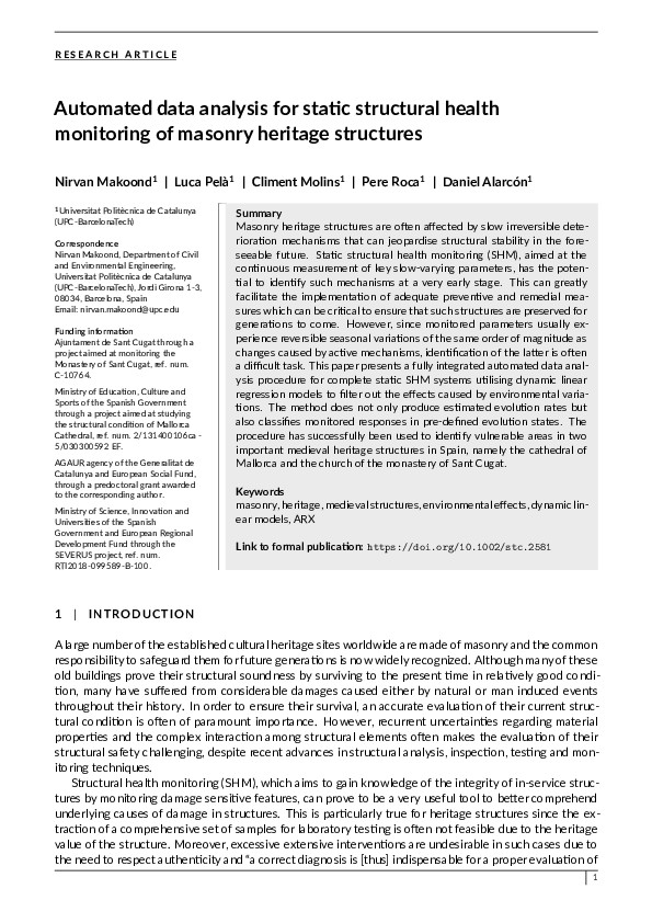 (PDF) Automated data analysis for static structural health monitoring of masonry heritage structures